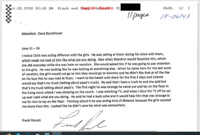 Frank Rzucek’s Letter to Detective Baumhover on his observations of ...